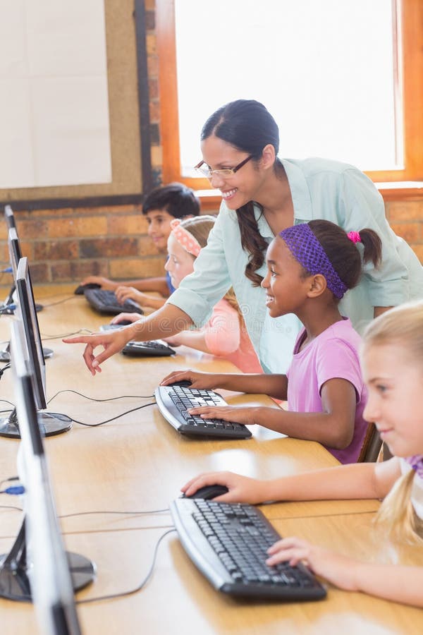 Cute Pupils in Computer Class with Teacher Stock Photo - Image of adult ...