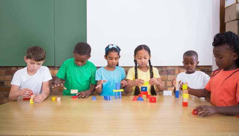Cute Pupils Playing with Building Blocks Stock Image - Image of school ...