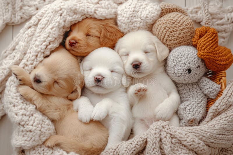 Cute Puppies Snuggling Together on Knitted Blankets Stock Image - Image ...