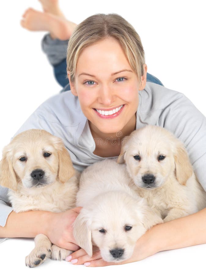 Cute Puppies and Young Cute Female Model Stock Photo - Image of lying ...