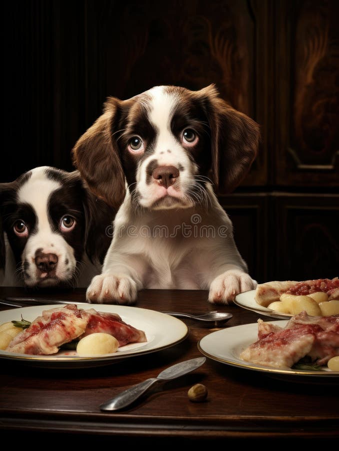 Cute Puppy Dog Sitting at the Dinner Table with Lots of Dishes Stock ...