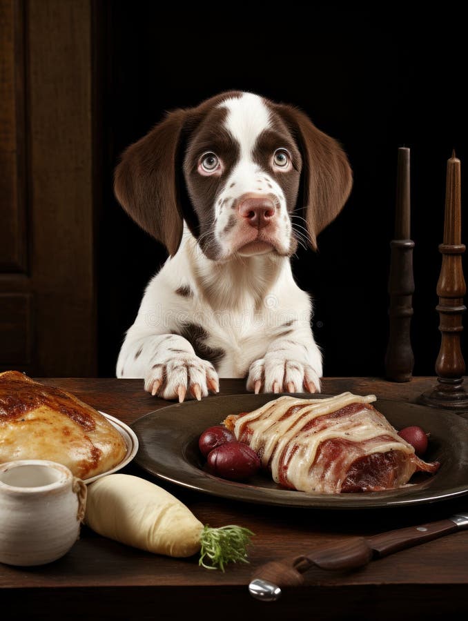 Cute Puppy Dog Sitting at the Dinner Table with Lots of Dishes Stock ...