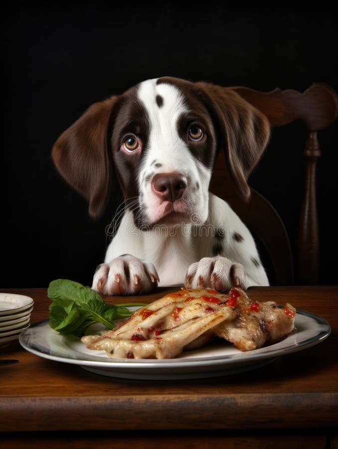 Cute Puppy Dog Sitting at the Dinner Table with Lots of Dishes Stock ...