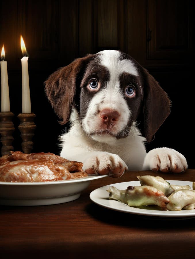 Cute Puppy Dog Sitting at the Dinner Table with Lots of Dishes Stock ...