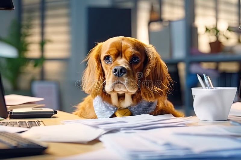 Cute Puppy Dog Working on Worktable that Mess of Documents Papers ...