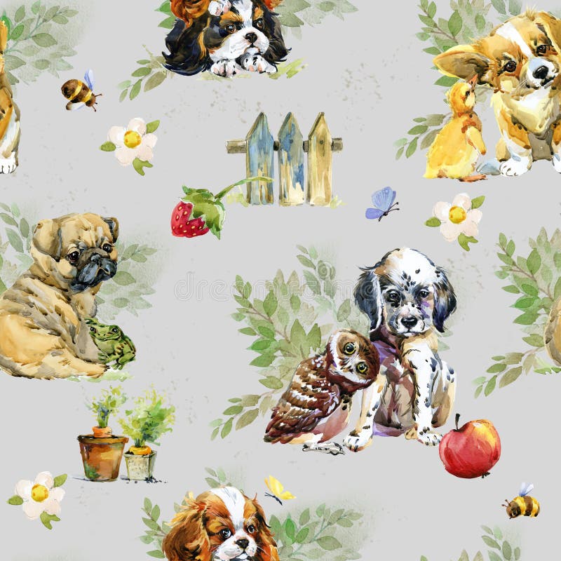Cute Puppy Dogs Watercolor Seamless Pattern. Pets. Stock Illustration ...