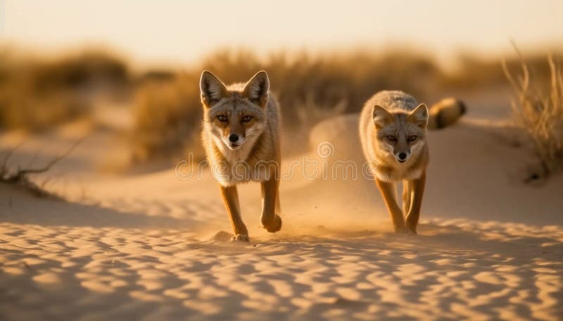 Cute Puppy and Fox Walking on Sand Dune Generated by AI Stock ...