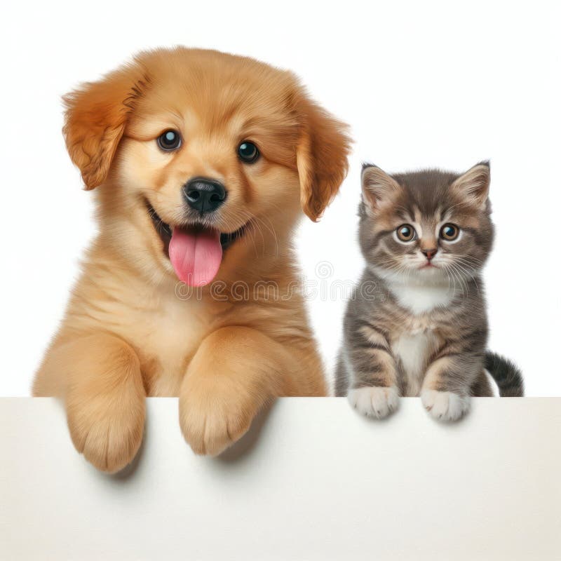 Cute Puppy and Kitten Looking Over White Banner Stock Illustration ...