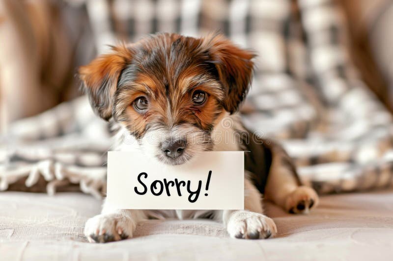 Cute Puppy with a Paper Card. Text "Sorry!" Written on a White Card ...