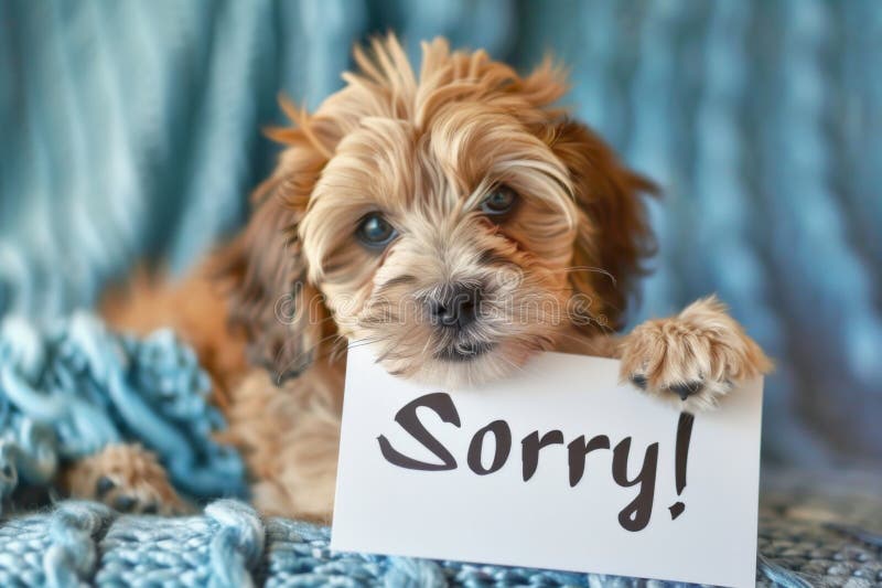 Cute Puppy with a Paper Card. Text "Sorry!" Written on a White Card ...