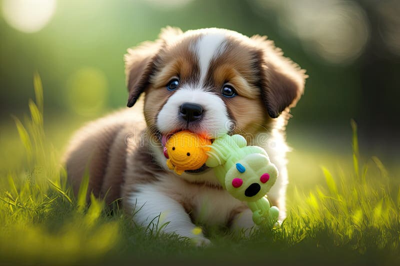 Cute Puppy Playing with Squeaky Toy in Park Stock Illustration ...