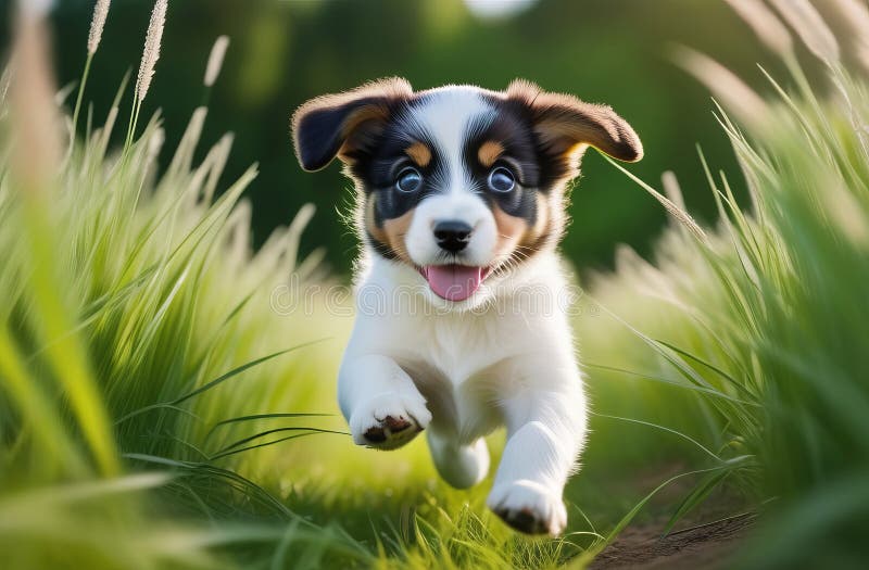 Cute Puppy Running on the Grass Stock Photo - Image of green, nature ...