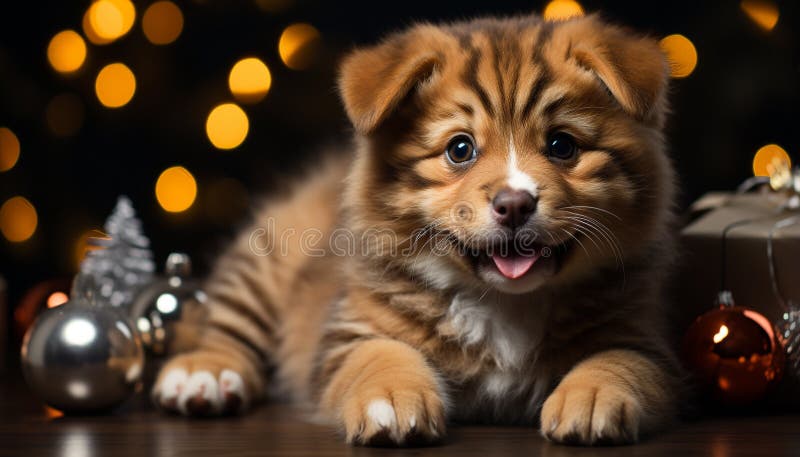 Cute Puppy Sitting by Christmas Tree, Looking at Camera Generated by AI ...