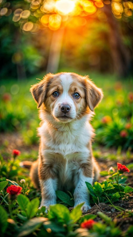 Cute Puppy Sitting on Grass in the Garden at Sunset Time. Stock ...