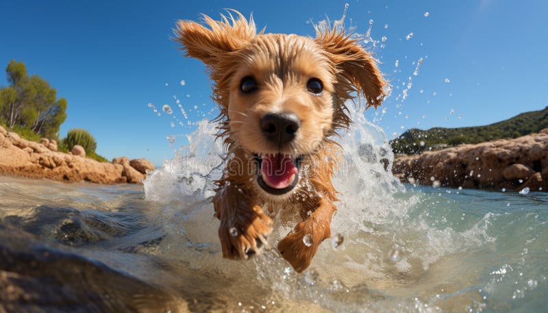 Cute Puppy Splashing in the Water, Pure Joy on Sand Generated by AI ...