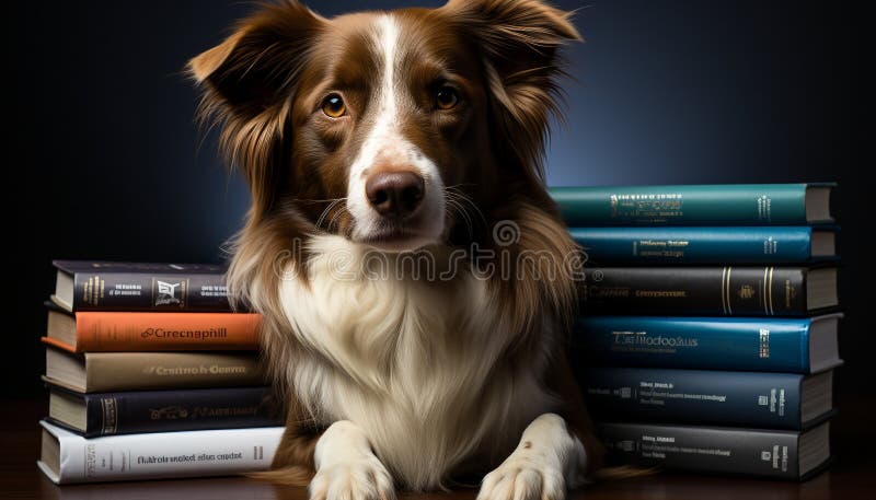 Cute Puppy Studying, Surrounded by Books, Learning Wisdom from ...
