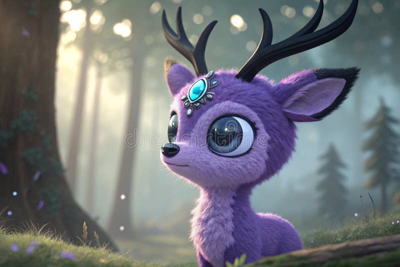 A Cute Purple Deer with Black Antlers and a Blue Gemstone on Its Head ...