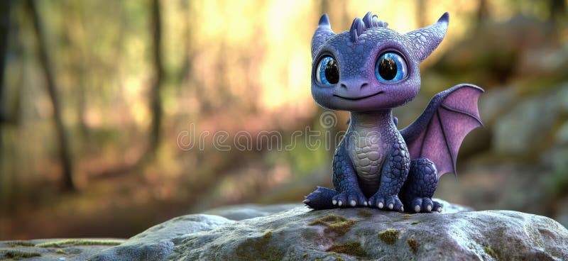 Cute Purple Dragon Character Sitting on Rock in Forest Setting with ...