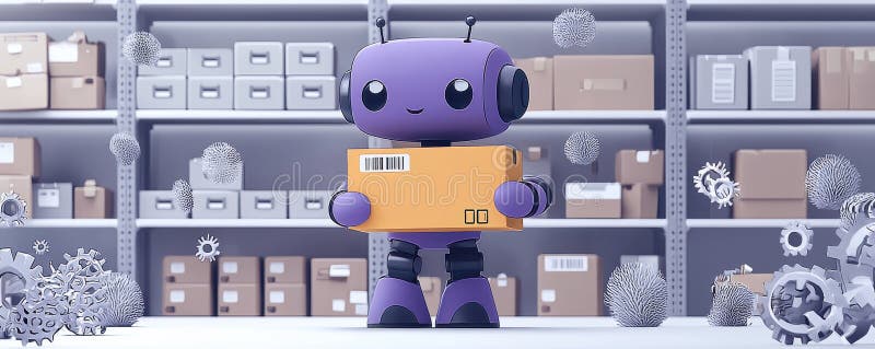 Purple Robot Holding an Orange Box in a Futuristic Warehouse Setting ...
