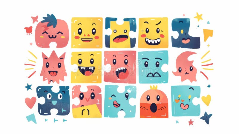 Cute Puzzle Design with Different Cute Faces and Funny Characters ...