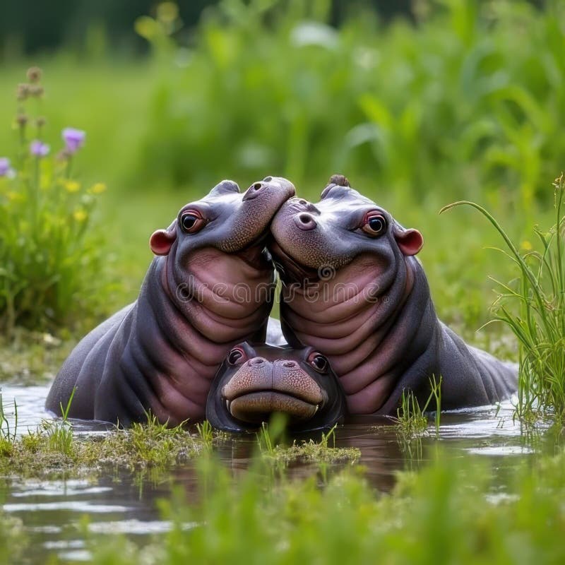 Cute Pygmy Hippos Playing in a Meadow Stock Image - Image of group ...