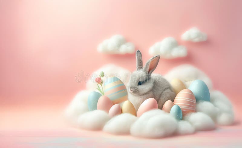 Cute Rabbit Against Pink Sky Background Sitting with Easter Eggs among ...