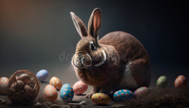 Cute Rabbit As Easter Bunny Sitting with Easter Eggs. Generative Ai ...