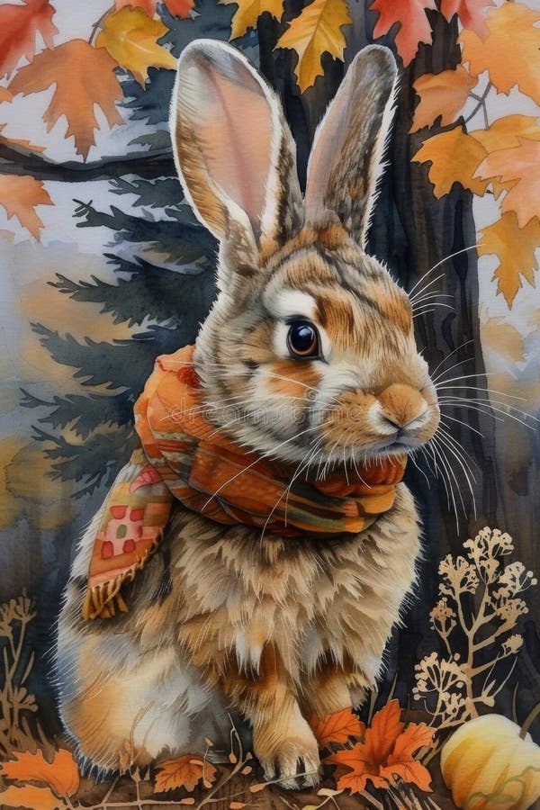 Cute Rabbit in Autumn Forest with Colorful Scarf Amidst Fall Leaves ...