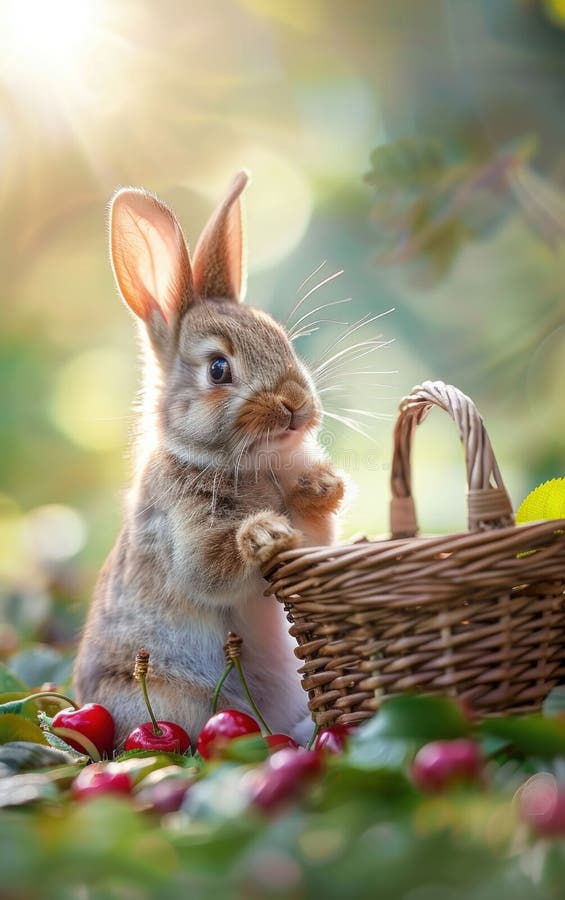 Cute Rabbit with Basket of Cherries in Garden. Generative Ai Stock ...