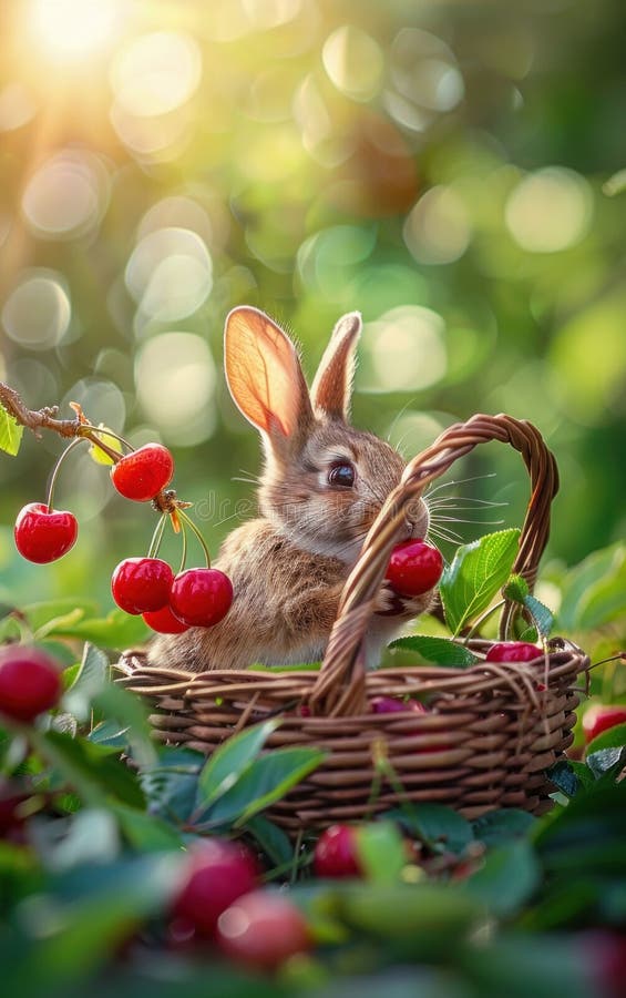 Cute Rabbit with Basket of Cherries in Garden. Generative Ai Stock ...