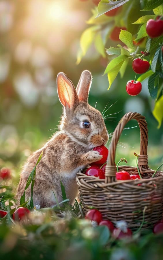 Cute Rabbit with Basket of Cherries in Garden. Generative Ai Stock ...