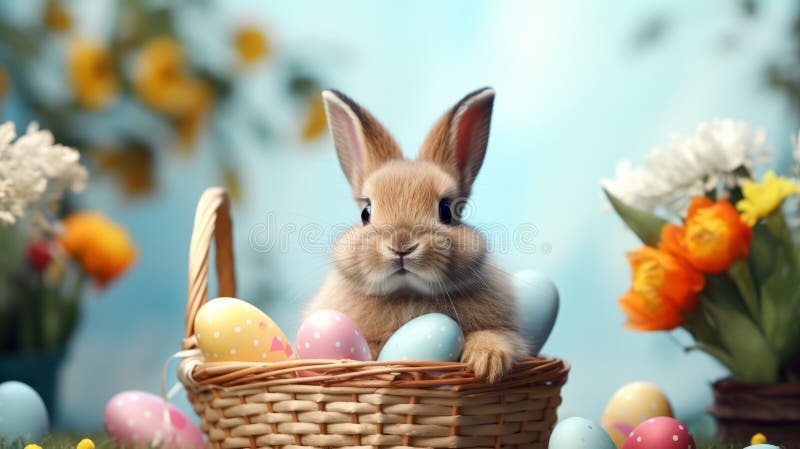 Cute Rabbit in Basket with Easter Eggs. Stock Photo - Image of family ...