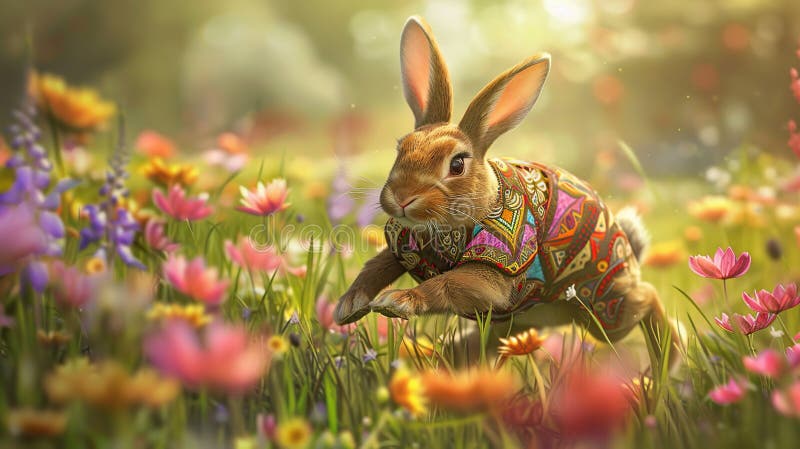 Cute Rabbit in a Batik Outfit Hopping Around a Flower Field Stock ...