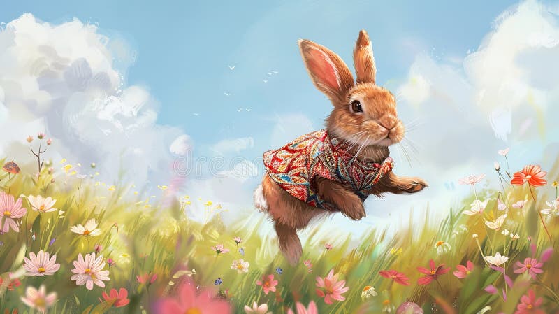 Cute Rabbit in a Batik Outfit Hopping Around a Flower Field Stock ...