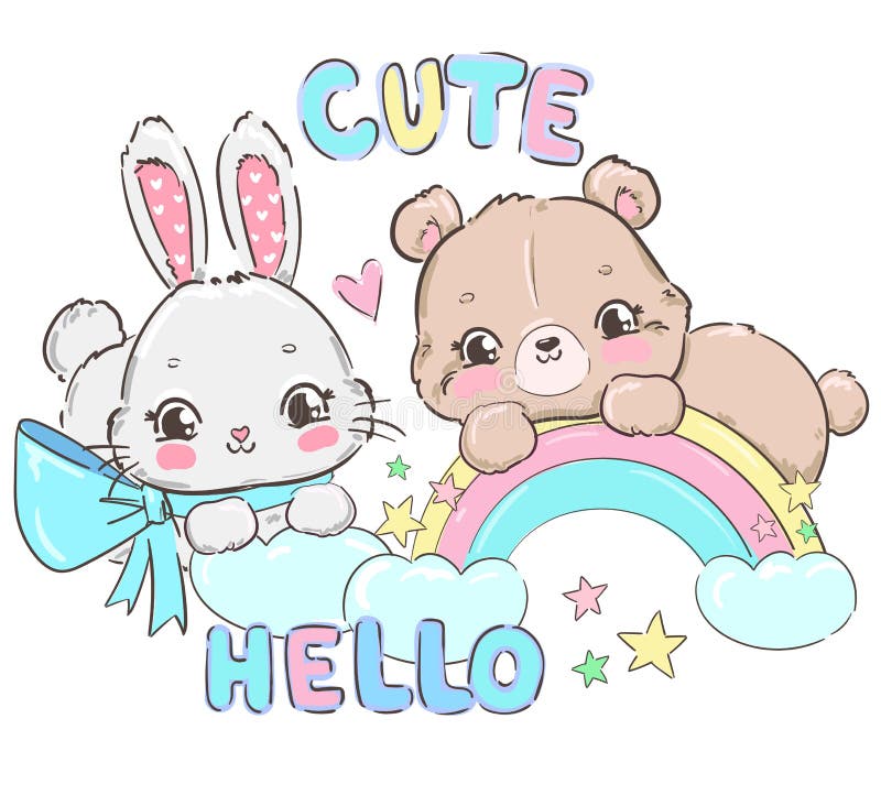 Cute Rabbit and Bear Baby Sits on the Rainbow Vector Illustration Print ...