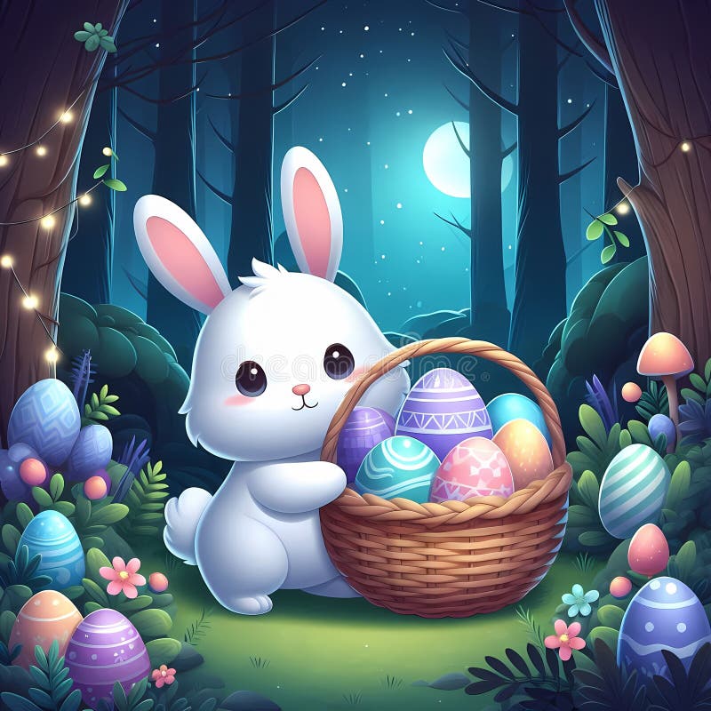 A Cute Rabbit Bring a Basket Full of Easter Eggs, in a Hidden Forest at ...