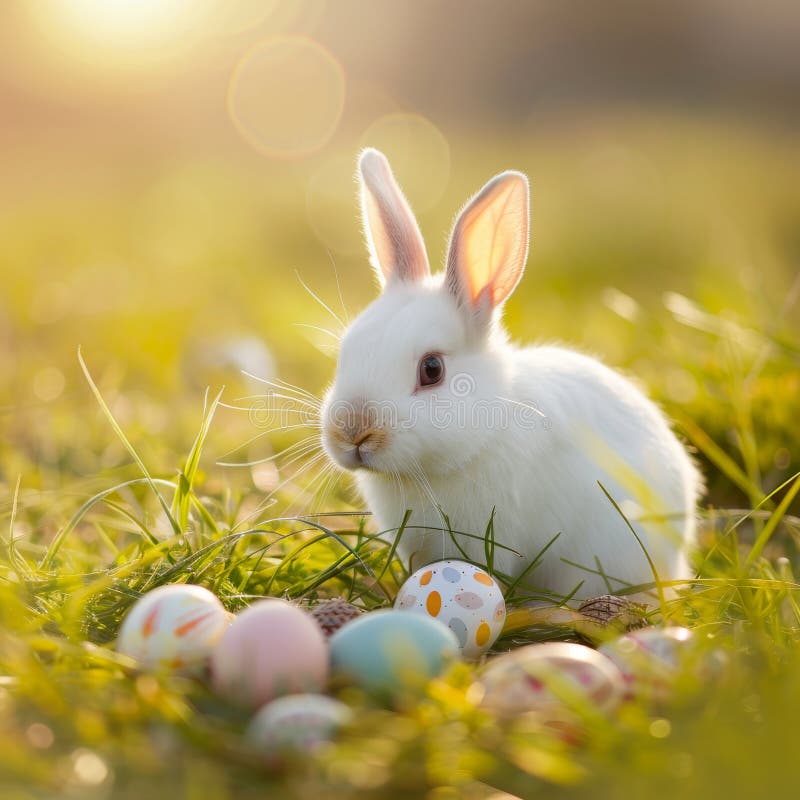 Cute Rabbit, Bunnies and Easter Eggs on Spring Meadow, April ...