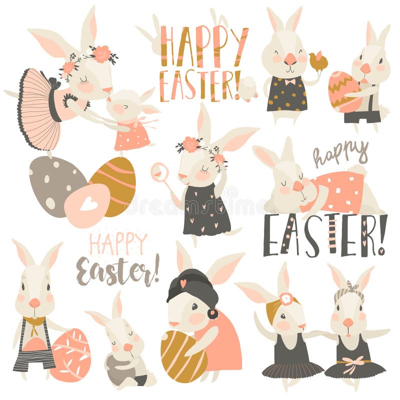Cute Rabbit and Bunny with Easter Eggs Stock Vector - Illustration of ...