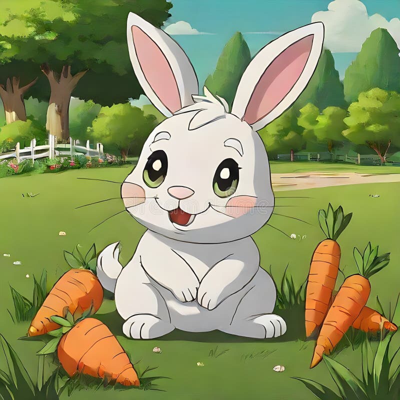 Cute Rabbit with Carrots on the Lawn Stock Illustration - Illustration ...