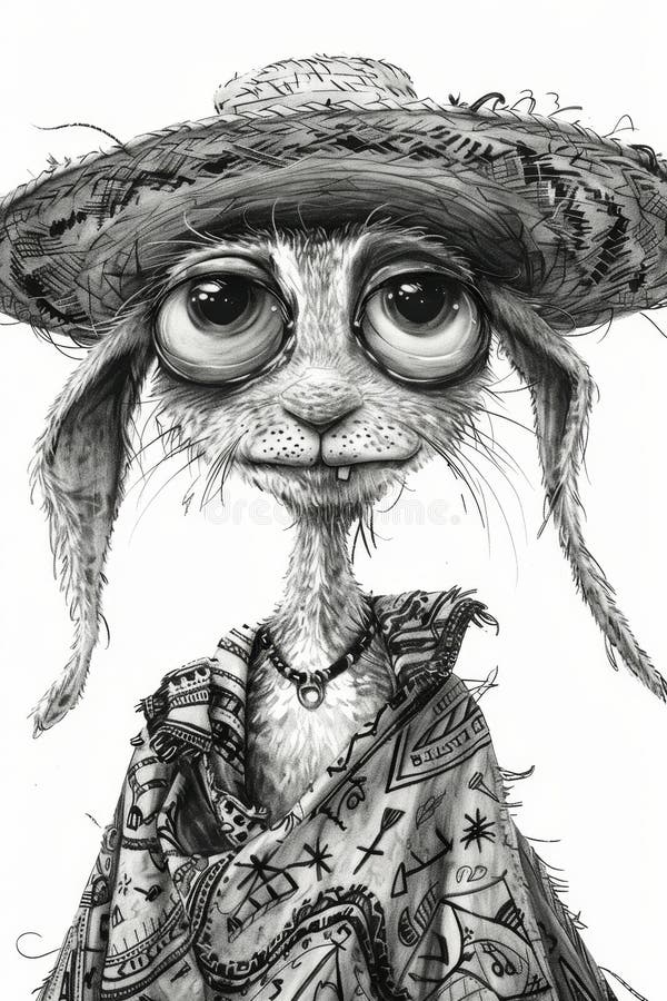 Cute Rabbit Character in a Hat on a White Background. Pencil Drawing ...