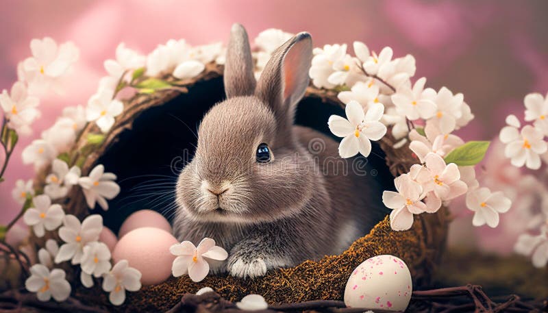 Cute Rabbit with Cherry Blossoms on Blurred Pink Background and Easter ...