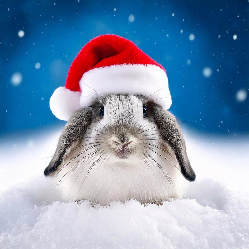 Cute Rabbit with Christmas Hat, Sitting in Snow Stock Illustration ...