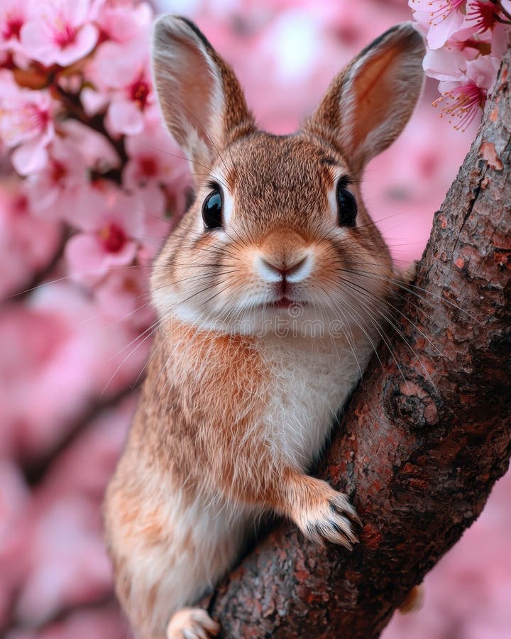 A Cute Rabbit Climbing a Tree with Pink Blossoms. Stock Illustration ...