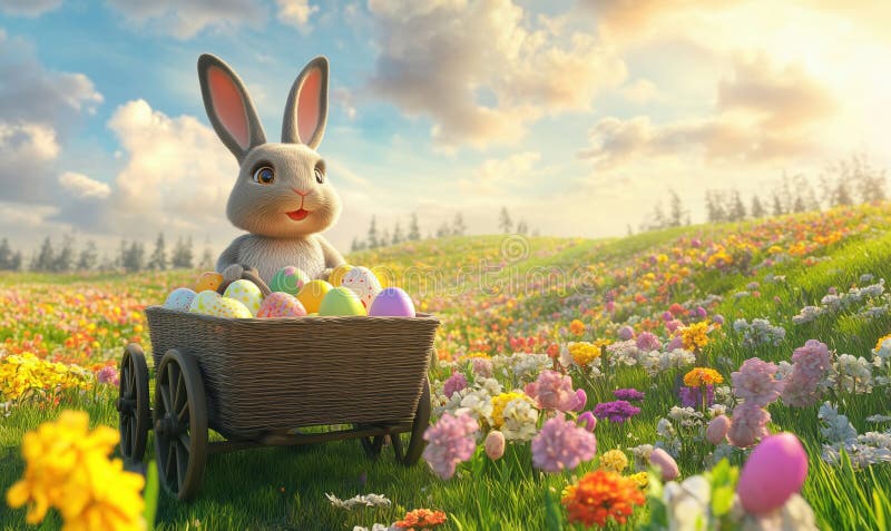 Cute Rabbit with Colorful Easter Eggs in a Vibrant Flower Field during ...