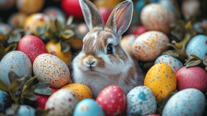 Cute Rabbit among Colorful Easter Eggs in a Vibrant Spring Setting ...
