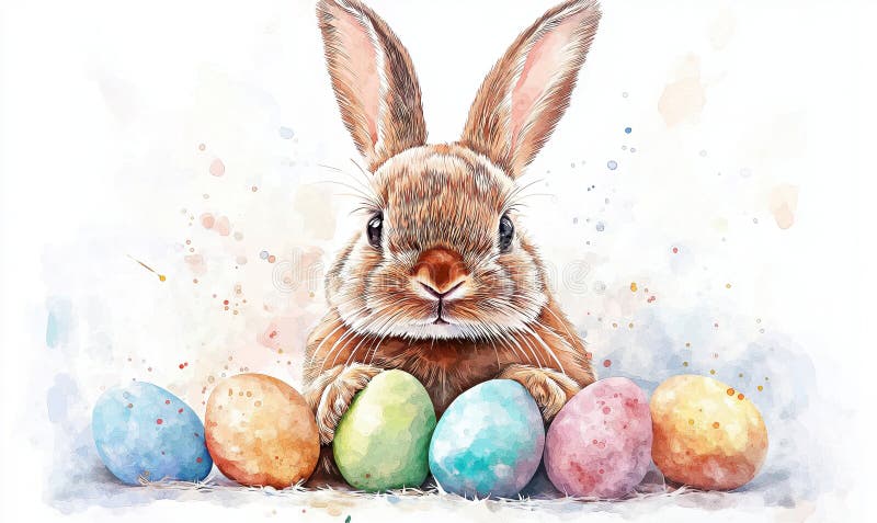 Cute Rabbit Colorful Easter Eggs Whimsical Watercolor Style Stock ...