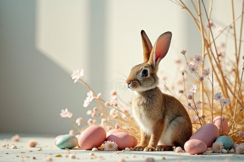 Cute Rabbit Colorful Eggs Flowers Sunlit Setting Stock Photos - Free ...