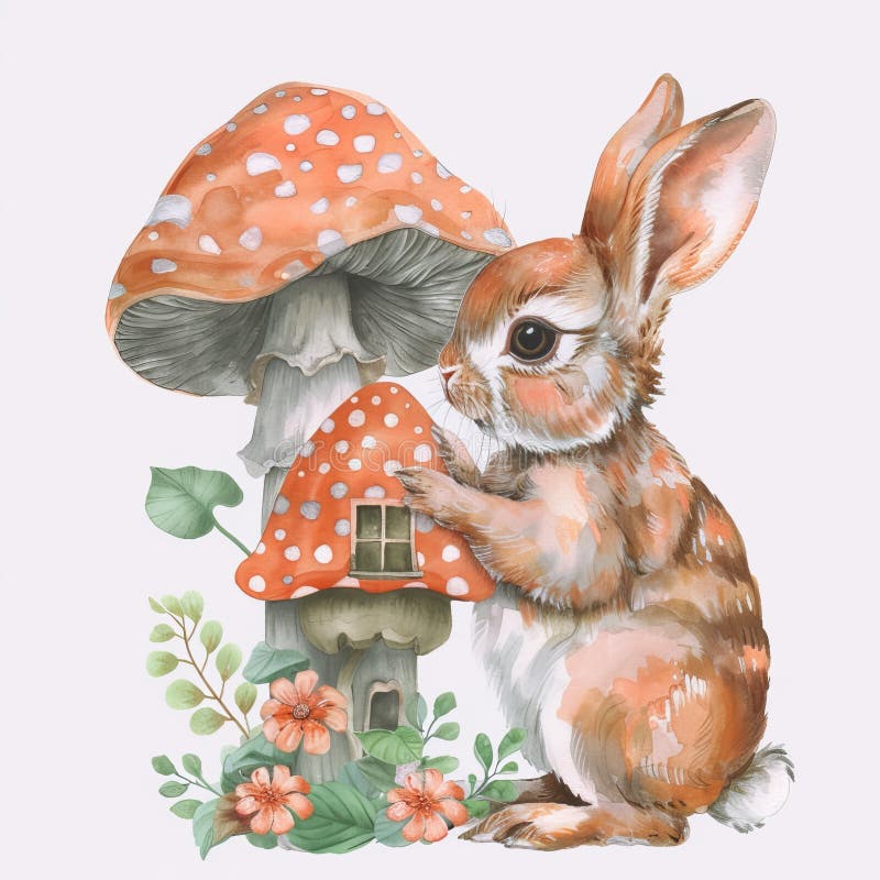 A Cute Rabbit Couple with a Mushroom House and Flowers. Stock ...