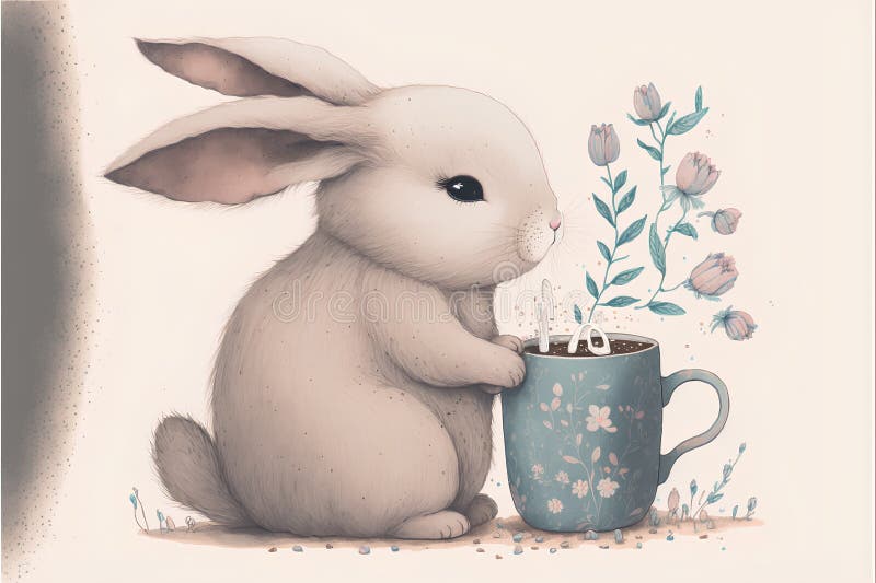 Cute Rabbit with Cup of Coffee. Hand Drawn Vector Illustration Stock ...