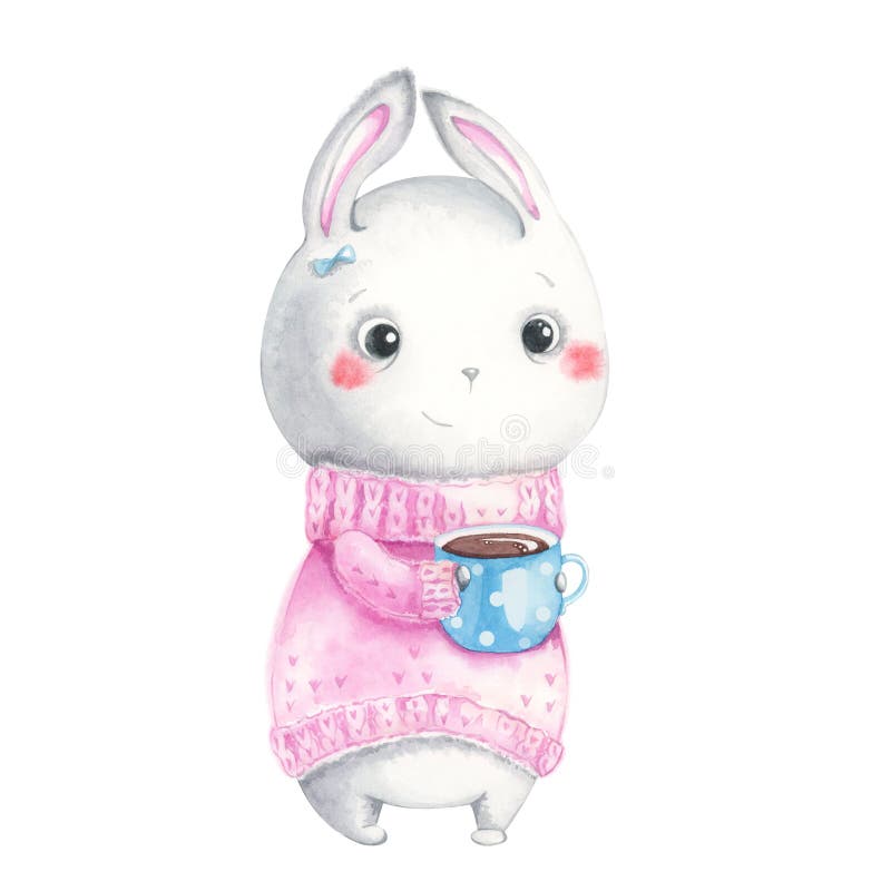 Cute Rabbit with a Cup. Watercolor Illustration. Stock Photo - Image of ...